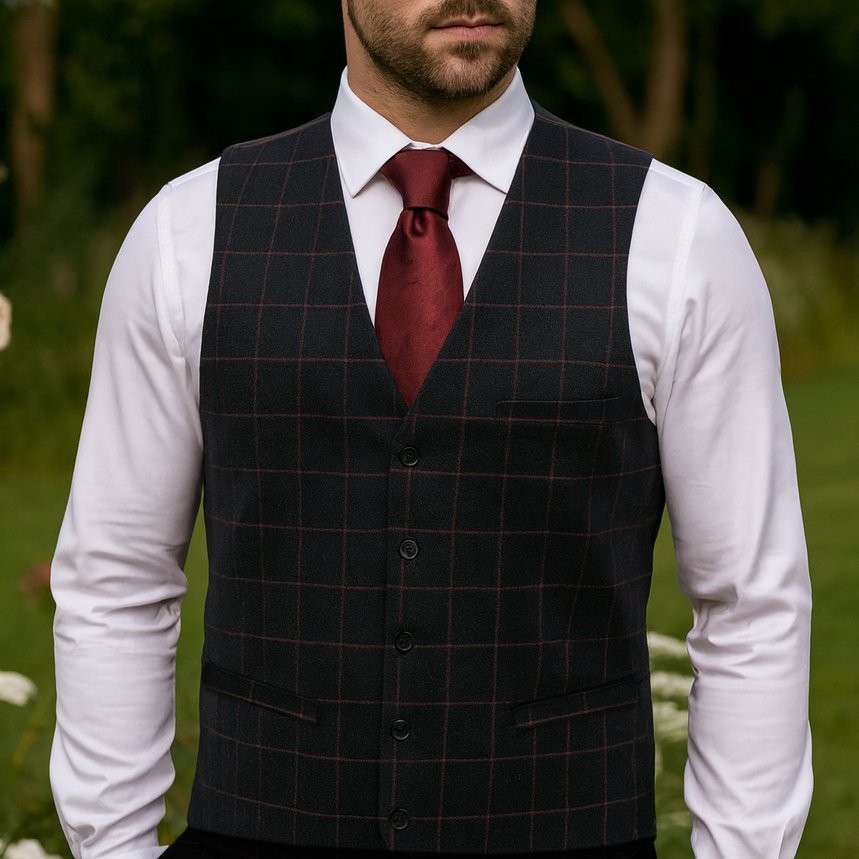 Men's Charcoal Window Check Waistcoat | Tailored Fit, Warm Handle