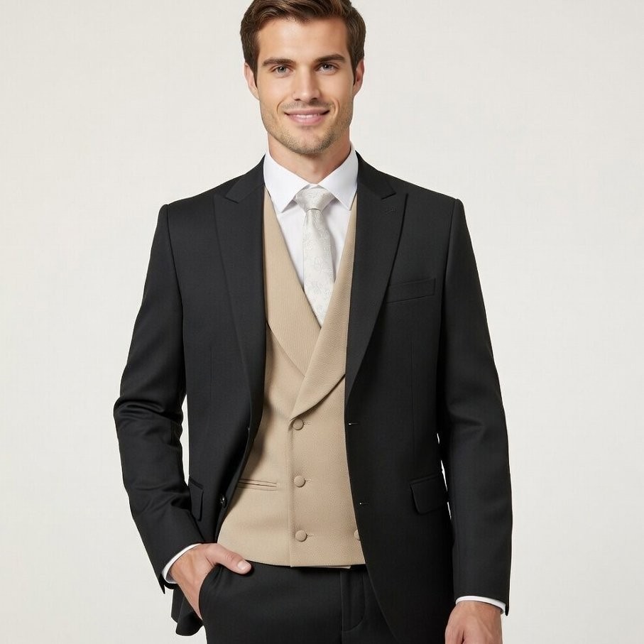 Champagne Buff Double-Breasted Fine Wool Morning Suit Waistcoat